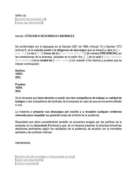 Modelo De Citación A Descargos Laborales Descarga Gratuita